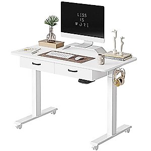 FEZIBO Adjustable Height Electric Standing Desk with Double Drawer, 48 x 24 Inches Stand Up Home Office Desk with Splice Tabletop, White Frame/White Top