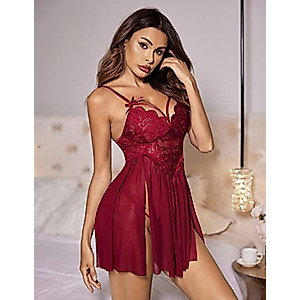 Avidlove Lingerie for Women Lace Baby Doll Chemise Nightgown V Neck Sleepwear Boudoir Nighty Side Slit Nightdress Wine Red