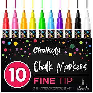 Chalkola 10 Fine Tip Liquid Chalk Markers for Chalkboard Signs, Blackboard, Window, Labels, Bistro, Glass, Car (10 Pack 3mm) - Wet Wipe Erasable Ink Chalk Board Markers, 3mm Reversible Tip Chalk Pens