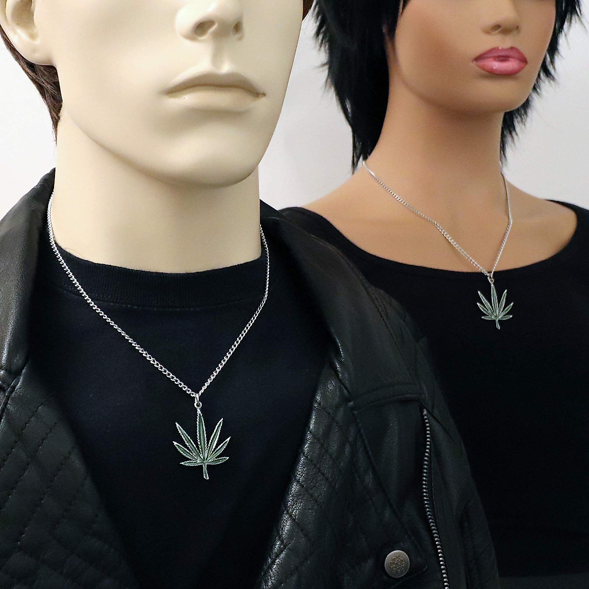 Real Metal Marijuana Weed Pot Leaf Green Enamel on Silver Finish Pewter Pendant Necklace