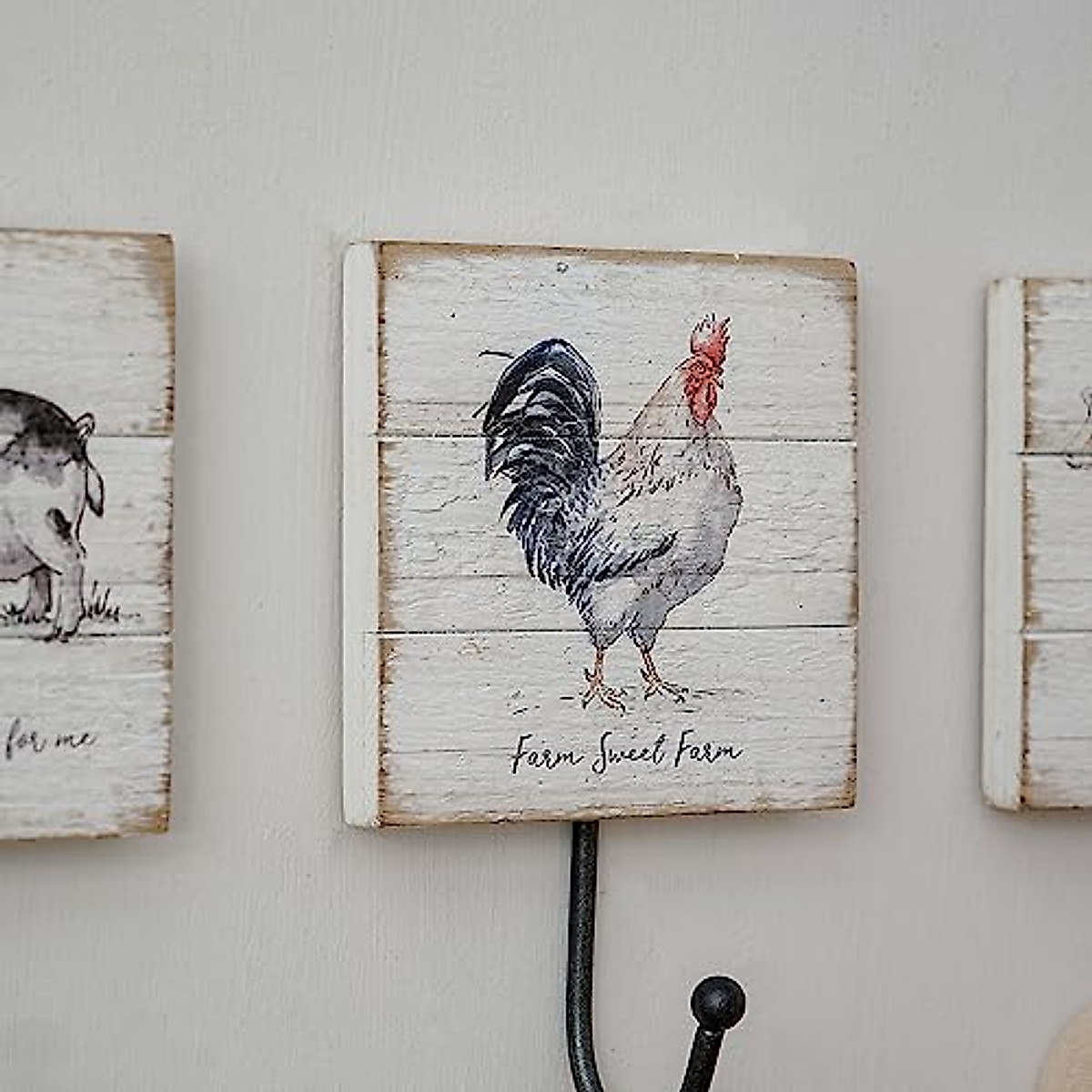 SOFFEE DESIGN Set of 4 Vintage Farmhouse Wall Hooks, with Shabby Craft Farm Animals Goat Rooster Pig Cow Printing, Heavy Duty Hanger Hooks Wall Mounted Hanging Rack Hooks