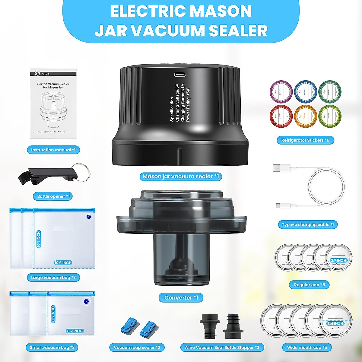 Mason Jar Vacuum Sealer, Upgrade 3-in-1 Mason Jar Vacuum Sealer Kit for Wide Mouth and Regular Mouth Mason Jars, Automatic Vacuum Sealer for Jars Food Storage, Vacuum Bags, Can Opener