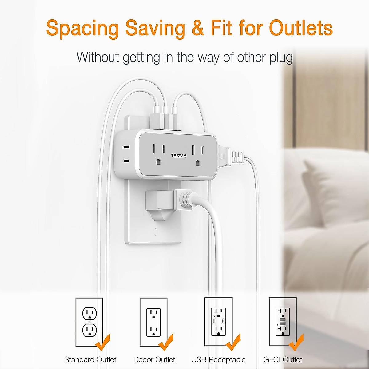Surge Protector Outlet Extender, TESSAN Multi Plug Outlet Splitter with 4 Electrical Outlets 3 USB Ports, Multiple Plug Mini Wall Expander for Home Office Dorm Room Essentials