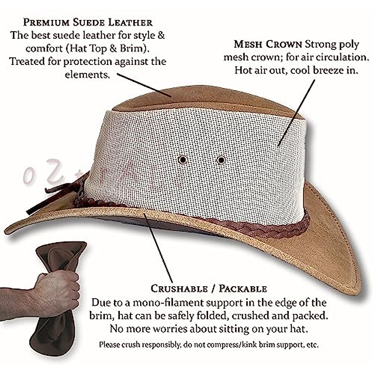 Oztrala~ Suede Leather Breezer Mesh Hat JACARU Cowboy Australian Mens Outback Golf SB 1019 US Sand