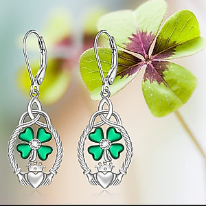 St Patricks Day Earrings Shamrock Earrings for Women Four Leaf Clover Sterling Silver Irish Celtic Claddagh Green Shamrock Dangle Lucky Jewelry Gifts