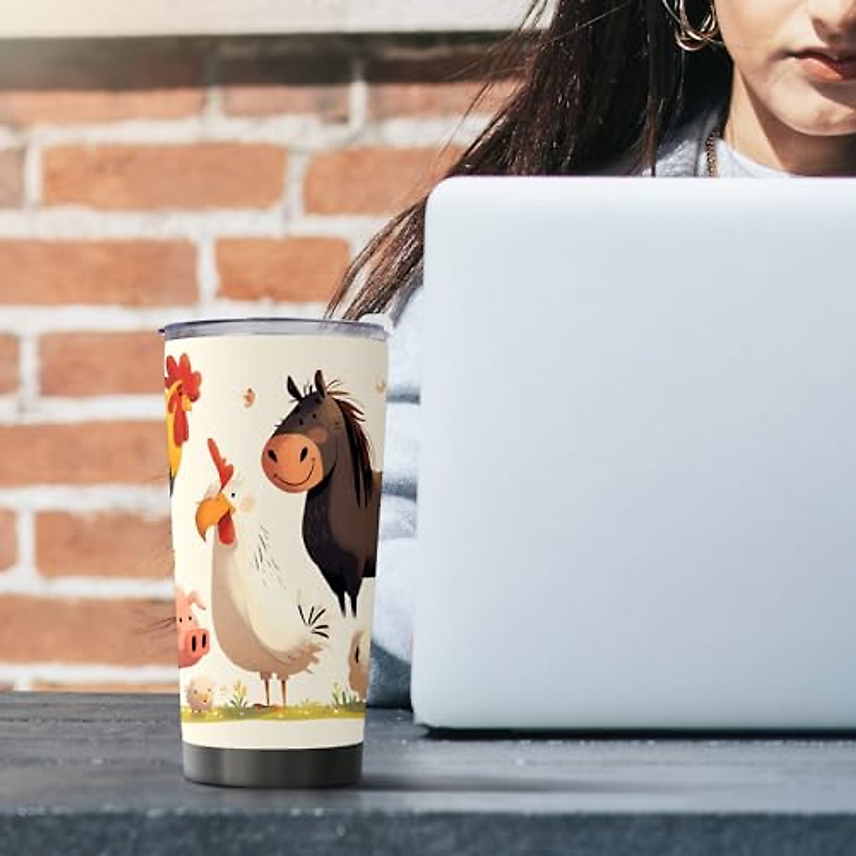 QWEUIOP 20oz Insulated Travel Coffee Mug Retro Pig Chicken Sheep Animal Pattern Stainless Steel Tumbler with Lid Double Wall Vacuum Coffee Cup For Hot and Cold Drinks13983
