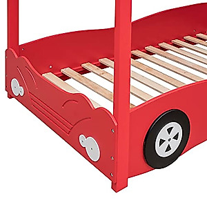 OYN Twin Over Twin Car-Shaped Bunk Bed Frame with Wheels for Children Teens Boys and Girls, Red