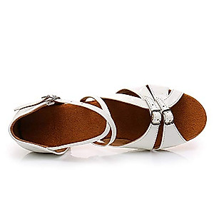YKXLM Girl's & Women's Leather Latin Dance Shoes Ballroom Adjustable Buckle Dancing Shoes Cross Strap Ballroom Heels,Model AS-WH-D28-White-3.5cm,12.5 M Little Kid
