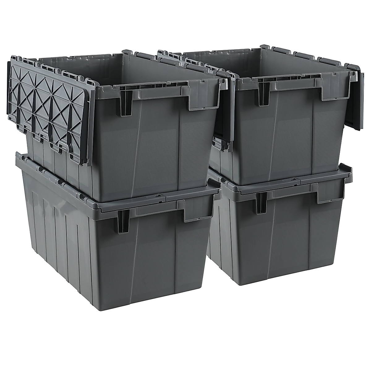 Xeabia 15 Gallom Industrial Plastic Storage Tote with Hinged Attached Lid, Flip Lid Plastic Storage Container, Gray, 4 Packs
