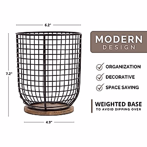 MosJos Extra Large Black Utensil Holder with Wooden Base - Farmhouse Utensil Storage - Wire Crock Kitchen Countertop Organizer - 7.2 x 6.2 Cooking Utensil Holder