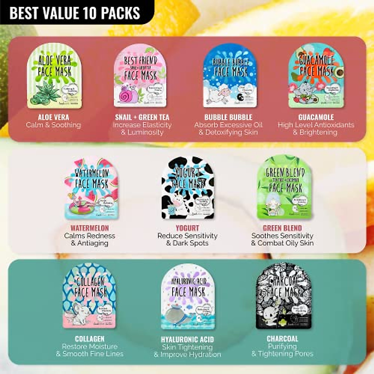 NATURAL Korean Sheet Mask (10 pcs set) made with Premium Tencel, Hydrating Face Masks, Face Sheet Mask, Korean Face Mask Skin Care For Women, Teen, Girls, Mens, Beauty Mask, Spa face Masks for a Youthful K-Beauty Glow