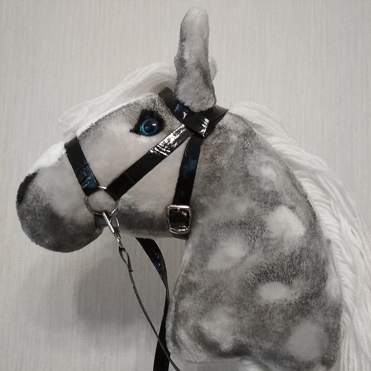 Gray stick hobby horse A4 Realistic plush handmade toy horse with bridle