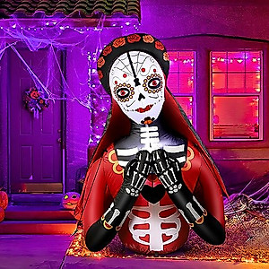 5FT Halloween Inflatables Day of The Dead Sugar Skull Blow Up Decorations with LED Lights and Built-in Sandbags, IDia De Los Muertos Decoration for Holiday Party Indoor Outdoor Garden Lawn Decor