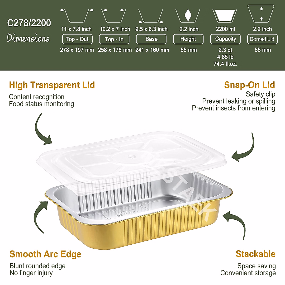 MESTAEK 11"x 8" Sturdy Aluminum Foil Pans + Lids (5 Pack), 2X Thicker Heavy Duty for Oven, Grill, Microwavable Cooking Baking, Reusable Freezable Dishwasherable Disposable Foil Pan Pot Container 74oz