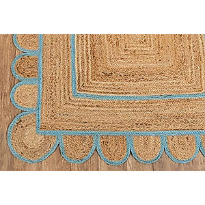 Natural Handwoven Scalloped Jute Area Rug 3x15, Braided Natural Color Area Rug for Living Room, Entryway, Hallway, Kitchen Floor, Under Table 8x10, 9×12, 10×14, 10x16, 10x18 (Light Blue, 2.5’x8′)