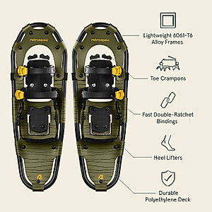 Retrospec Drifter Snowshoe for Men & Women - Aluminum Frames & a Double-Rachet Binding System - Lightweight All Terrain Snow Shoes with Heel Lifters & Pivot System - 21" Olive