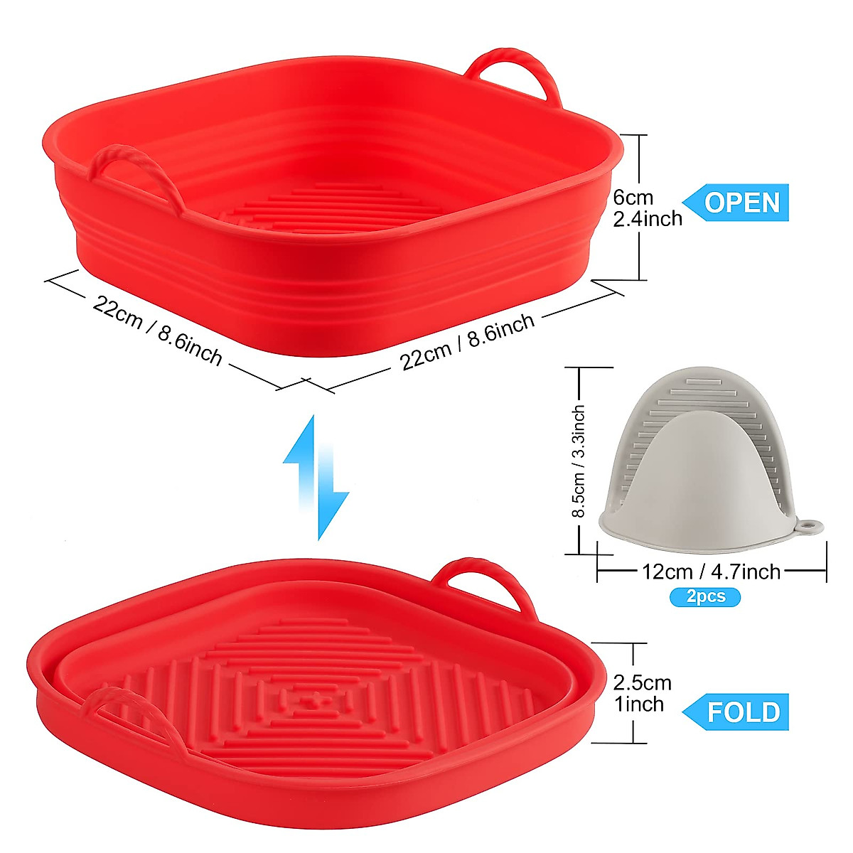 2Pcs Foldable Air Fryer Silicone Liner with Heat Resistant Glove - Reusable Silicone Pot, Food Grade Silicone Basket, Oven Accessory Non-Stick Baking Tray for 5.8-8 QT Air Fryer, 8.5 Inch Large