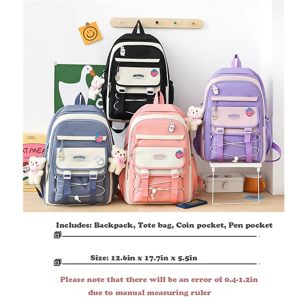 LsdgFriday 4Pcs Cute Backpack Combo Set Kawaii School Aesthetic Backpack School Bag Set with Bear Pendant Pins Accessories for Girls Teen Back to School