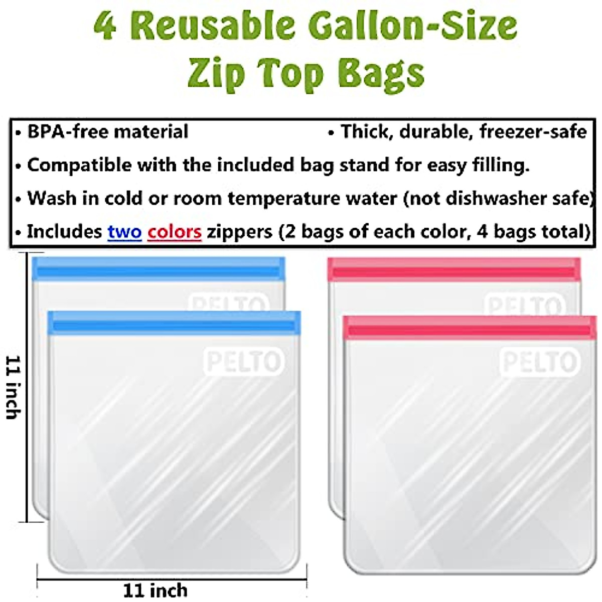 Baggy Rack (2-Pack) Ziplock Bag Holder Stand + Reusable 1 Gallon Freezer Bags (4-Pack) - Hands-Free Food Storage Bag Rack for all Size Food Prep Sandwich Bags + 4 Thick PEVA / Silicone Freezer Baggies