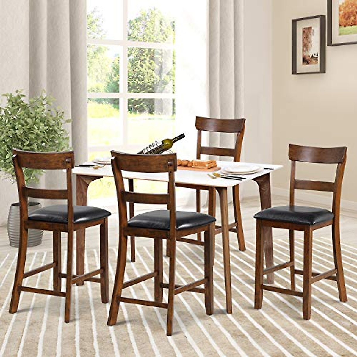 COSTWAY Barstools Set of 4, 25.5-Inch Counter Height Chair with Backrest, Foam-padded Cushion, Rubber Wood Legs, Wooden Vintage Dining Chair for Bistro, Living Room, Kitchen, Brown and Black