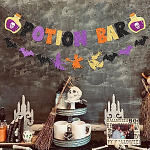 FHGG Glitter Potion Bar Halloween Banner Decor with Potion Signs Hocus Pocus Banner Witch Party Decorations Potion Halloween Decor for Haunted House, Bat Decorations, Halloween Mantle Home Decor