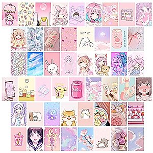 50Pcs Kawai Anime Aesthetic Picture Wall Collage Kit, Pink Cartoon Assembled Print Card Set, Back to School Dorm Photo Poster Display Trendy Style, Sweet Room Decor Cute Collage Kit For Teens Girls Gifts