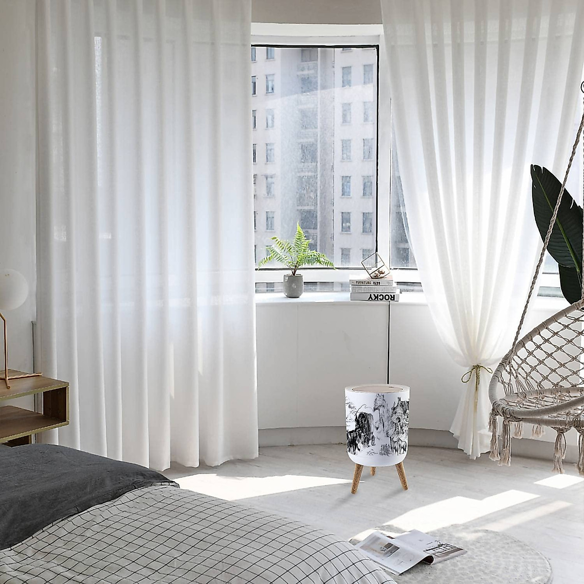 IBPNKFAZ89 Small Trash Can with Lid Vintage Western Ranch Seamless American Wild west Garbage Bin Wood Waste Bin Press Cover Round Wastebasket for Bathroom Bedroom Kitchen 7L/1.8 Gallon