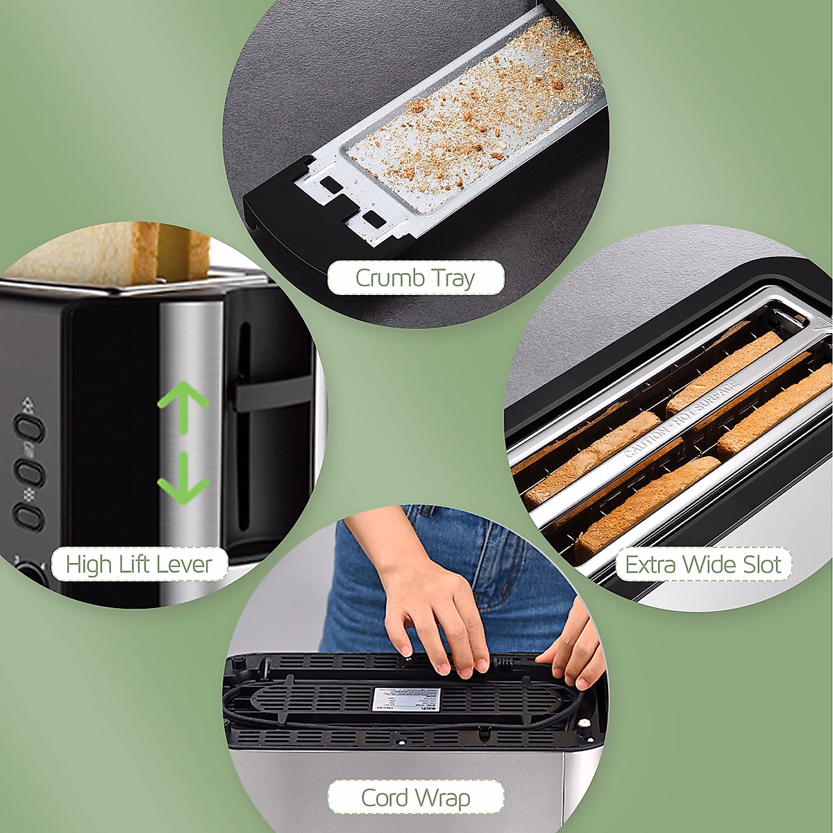 LyriFine Toaster 4 Slice, Long Slot 2 Slice Toaster for Artisan Sourdough Breads, Stainless Steel Toaster with Warming Rack, Extra Wide Slots for Bagels Waffles (Silver), Extra Large 10''x1.5''