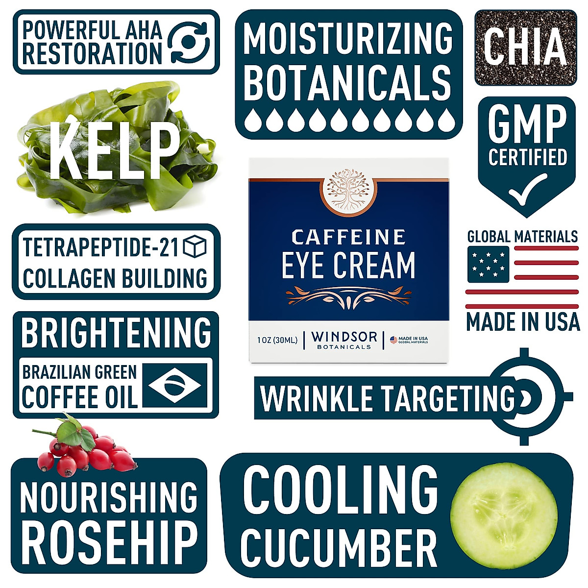 Caffeine Eye Cream for Dark Circles & Puffiness - Anti-Aging, Wrinkle Reducing, 100% Brazilian Coffee Oil, Hyaluronic Acid, 1 oz Boxed Version