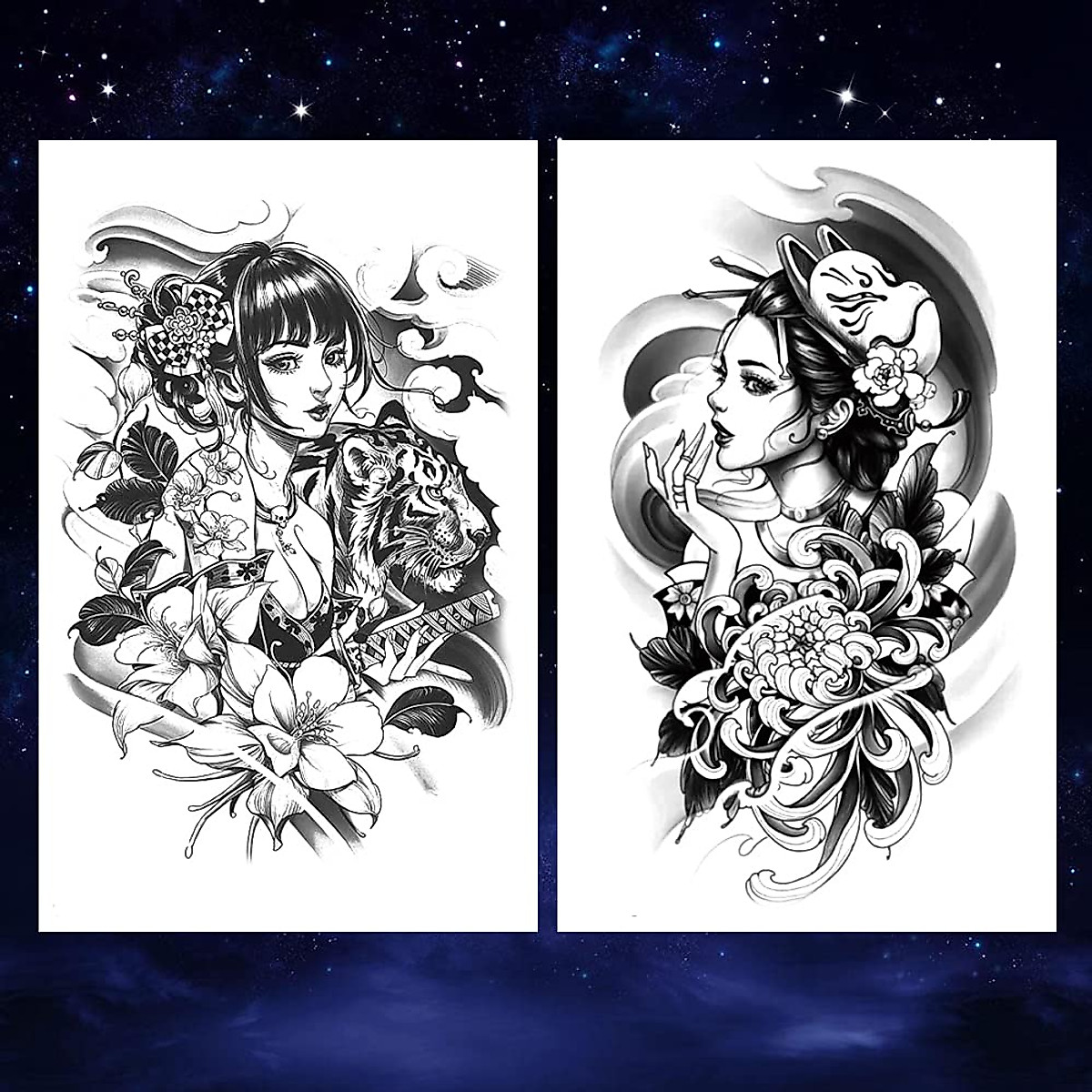 Oottati 6 Sheets Arm Fake Waterproof Temporary Tattoos Stickers Black Japanese Geisha Samurai Women Flower Lotus