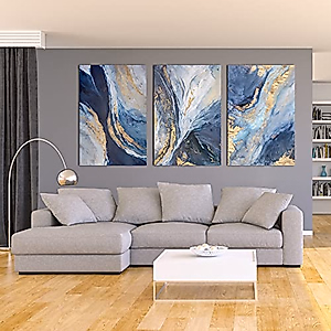 Looife Abstract Canvas Wall Art 24x36 Inch 3 Panels Blue and Yellow Lines Painting Picture Giclee Prints Gallery Wrapped Ready to Hang Artwork for Living Room Office Decoration