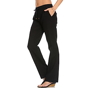 Poplooks Women's Comfy Elastic Waistband Drawstring Linen Pants (XX-Large, Black)