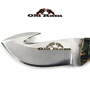Old Ram Gut Hook Deer Skinner Fixed Blade Sharp Hunting Camping Knife w./ Leather Sheath (GP)