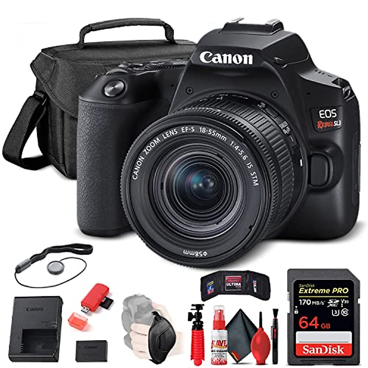 Canon EOS Rebel SL3 DSLR Camera with 18-55mm Lens (Black) (3453C002) + 64GB Memory Card + Case + Card Reader + Flex Tripod + Hand Strap + Cap Keeper + Memory Wallet + Cleaning Kit (Renewed)