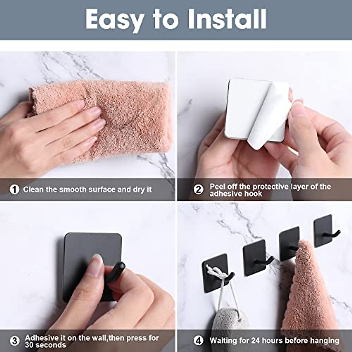 24 Pcs Self Adhesive Towel Hooks Bulk Stick on Wall Hooks Waterproof Stainless Steel Kitchen Towel Holder Heavy Duty Sticky Hangers for Hanging Bathroom Home Door Coat Robe Clothes Key (Black Color)
