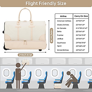 ETRONIK Rolling Duffle Bag with Wheels, 21 Inch Carry on Bag for Airplanes with Shoes Compartment, Canvas Weekender Overnight Bag for Women with Toiletry Bag, Beige