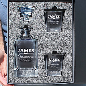 Custom Personalized Best Man, Groomsmen, Groom Whiskey Decanter and Rocks Glasses Set - Engraved with WPS Design (Decanter and 2 Glasses)