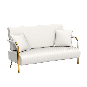 Wrofly 59" Small Loveseat Sofa, Modern 2 Seater Sofa Couch, Upholstered Love Seat Couch with 2 Pillows, Gold Metal Legs, Perfect for Living Room, Bedroom, Small Space, Beige White Velvet