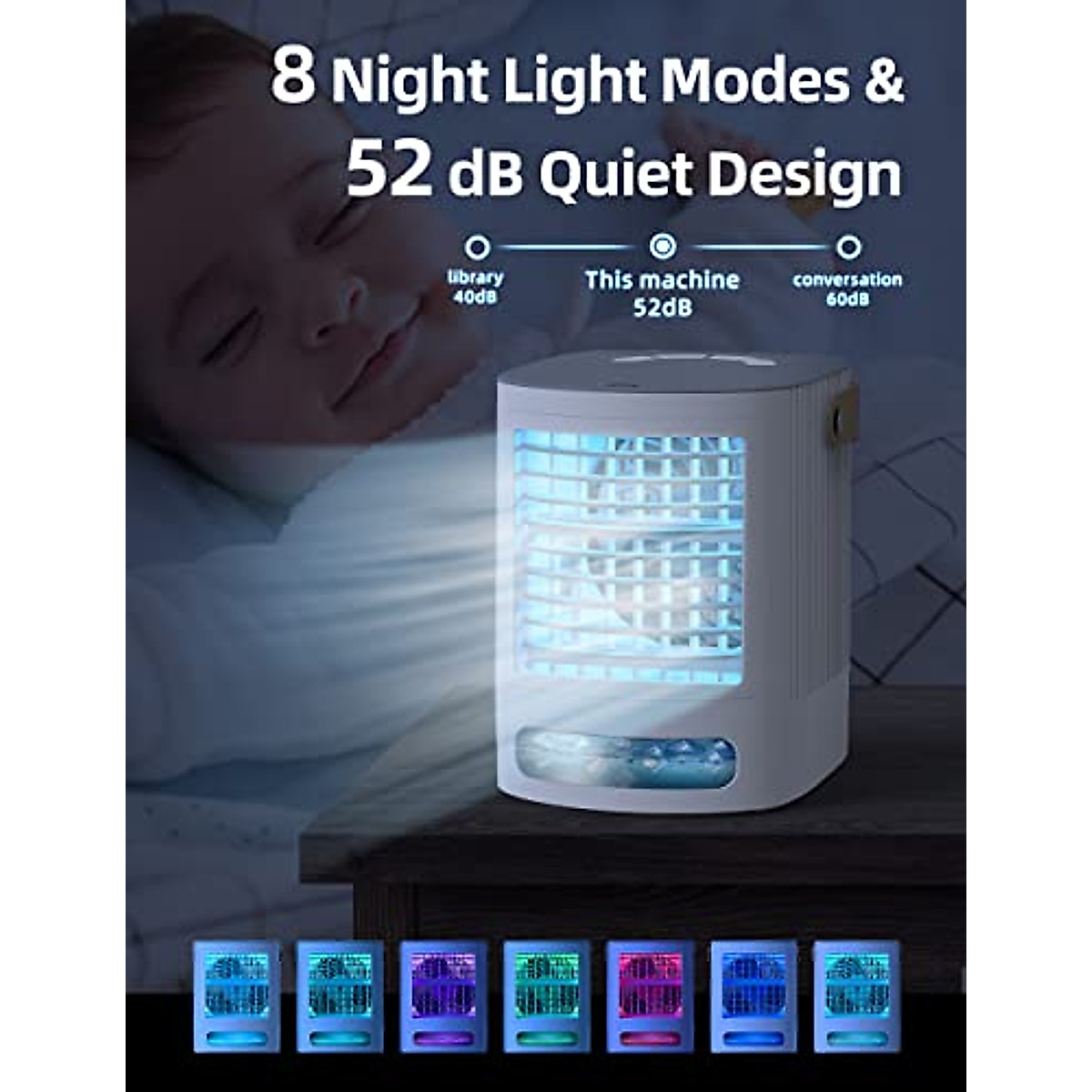 3-IN-1 Portable Air Cooler, USB Powered Desktop Cooling Fan, 3 Levels Spray Humidify & 3 Speeds Personal Air Conditioner Fan w/8 Night Light Modes, Evaporative Air Cooler for Small Room/Office/Camping