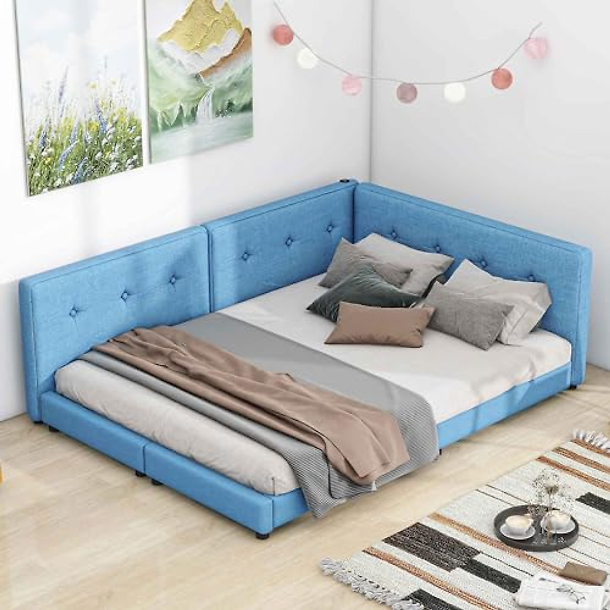 ATY Upholstered Queen Size Daybed with 2 USB Ports, Sofa Bed Platform Bedframe with Slat Support, No Box Spring Needed, for Bedroom, Livingroom, Guestroom, Easy Assembly, Blue