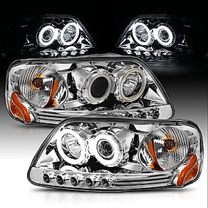 AmeriLite for 1997-2003 Ford F150 F-Series Expedition Chrome Projector Replacement Headlights Assembly Xreme LED Halos Included Bulbs - Passenger and Driver Side
