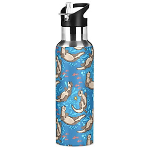 Glaphy Cute Sea Otters Pattern Water Bottle with Straw Lid, BPA-Free, 20 oz Water Bottles Insulated Stainless Steel, for School, Office, Gym, Sports, Travel