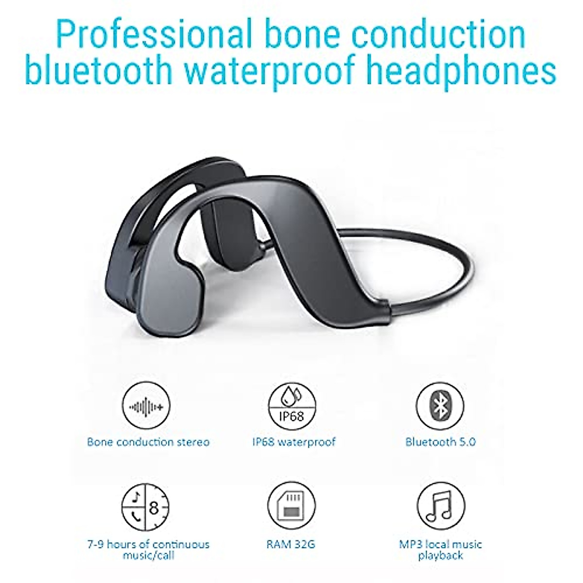 IKXO Bone Conduction Headphones Swimming Waterproof IP68 Wireless Bluetooth Sports Over Open Ear Lightweight Fitness Running Noise Cancelling Sweat Proof no Earplugs for MP3 Player (Black)