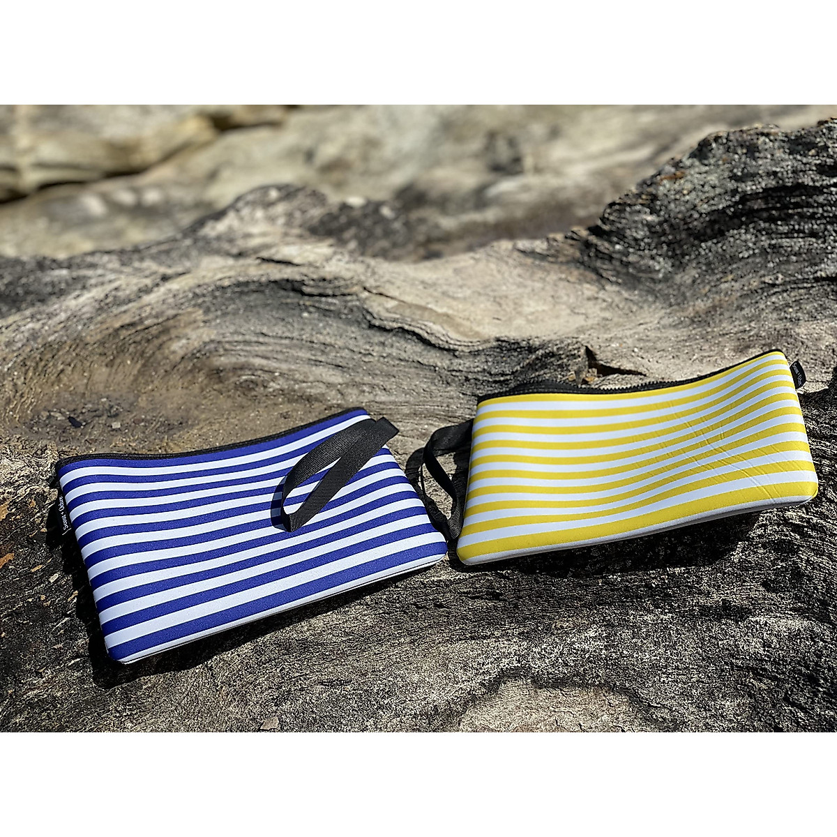 Scout + Ochre Neoprene Swimsuit Bag Pouch with Zipper - Waterproof Wet Bag for Swimwear, Diapers, Cosmetics, Travel Toiletries - great for Beach, Pool, Strollers, Gym - 11.5x8in (Yellow White Stripe)