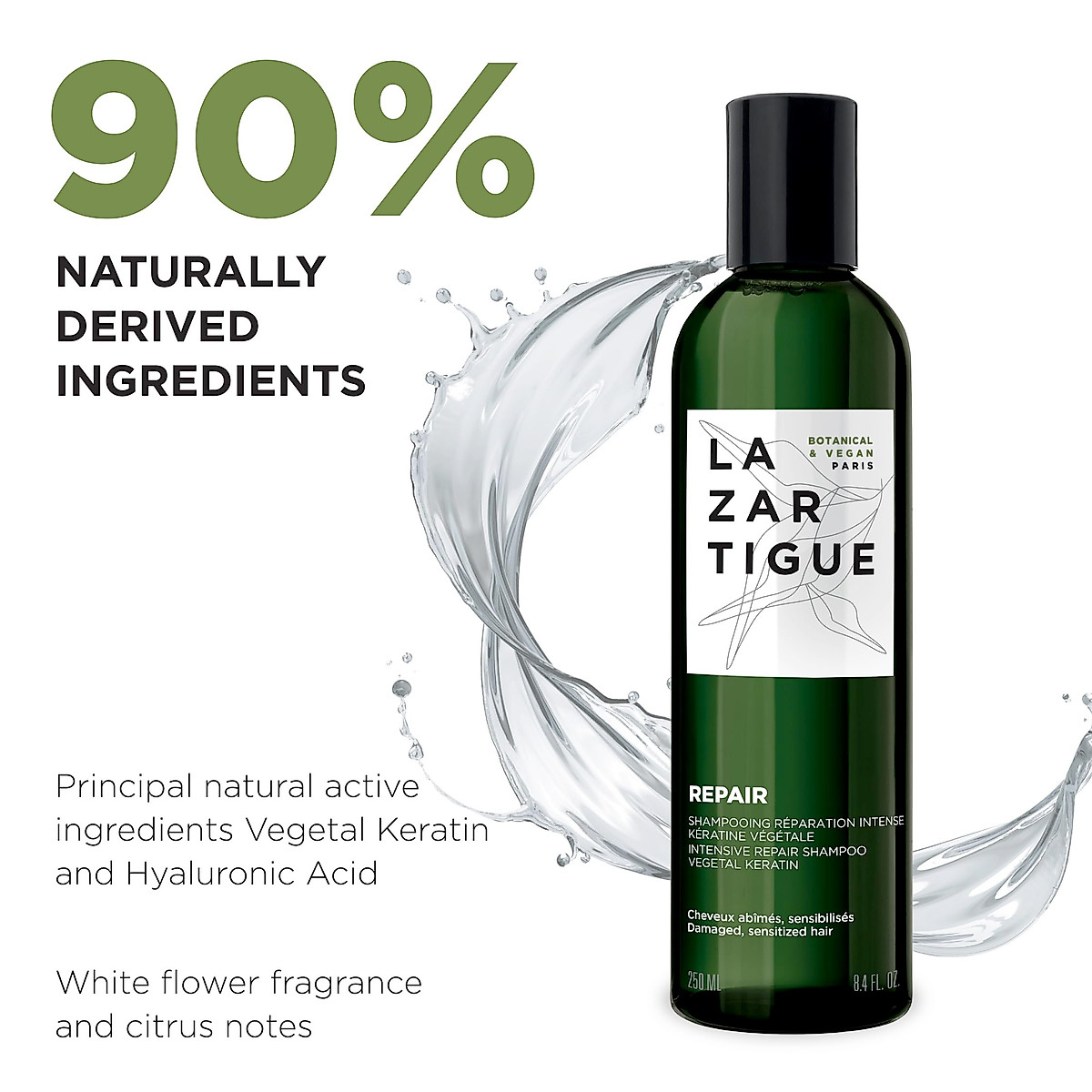 Lazartigue Repair Shampoo, Vegetal Keratin for Deep Repair & Shine, Vegan, Sulfate-Free, Silicone-Free, for Damaged Hair, 8.4 Fl. Oz.