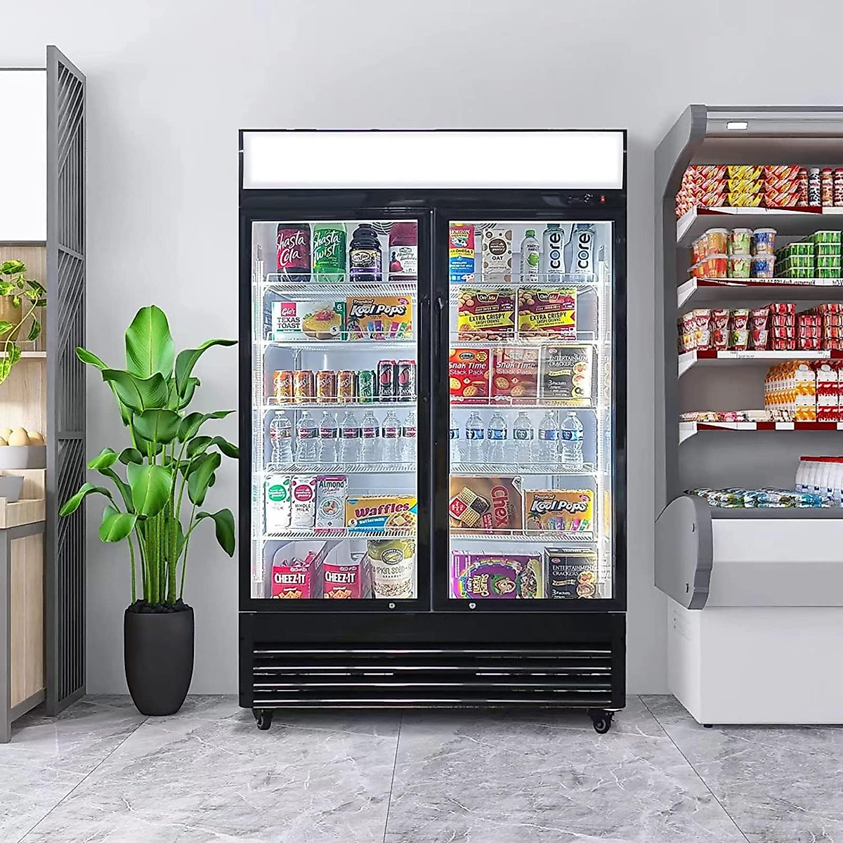 FRICOOL Merchandiser Refrigerator with 2 Glass Doors, 31 cu ft Beverage Display Cooler, Upright Fridge with LED Lighting, Adjustable Shelves for Beverages, Beer and Drinks, Swing Door, Black