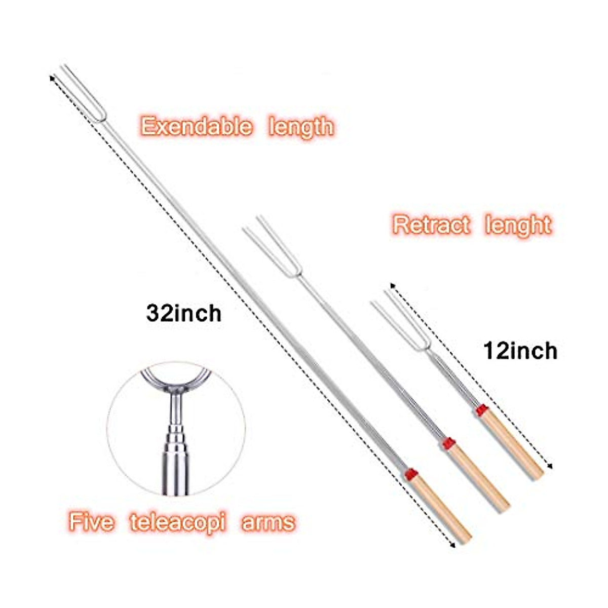 HSHKJ Marshmallow Roasting Stick 8 Packs Smores Skewers for fire Pit Telescoping BBQ Fork with Wooden Handle for Sausage Hot Dog Campfire Camping Stove Grill Kit with Portable Bag,32Inch