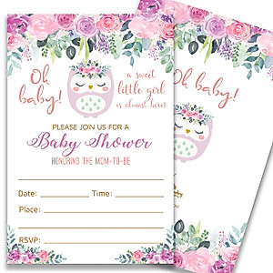 HongTu Cute Owl Baby Shower Invitations Girl with Envelopes and Diaper Raffle Tickets. (25) Floral Fill in The Blank Style Invites with Envelopes - Owl Theme Floral Baby Shower Invitations Girl.