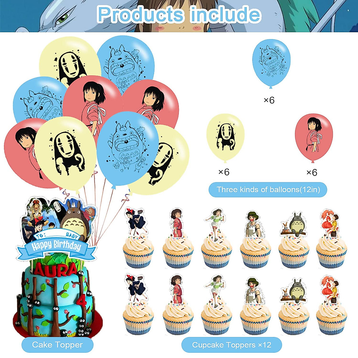 VERSAINSECT i Party Decorations,Birthday Party Supplies For Studio Ghibli Party Supplies Includes Banner - Cake Topper - 12 Cupcake Toppers - 18 Balloons -50 Studio Ghibli Stickers