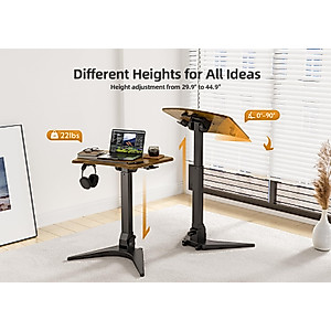 Claiks Mobile Standing Desk, Small Rolling Standing Desk, Pneumatic Height Adjustable Sit-Stand Desk with 90° Tiltable, Portable Mobile Workstation, with Non-Slip Computer Stand, Rustic Brown